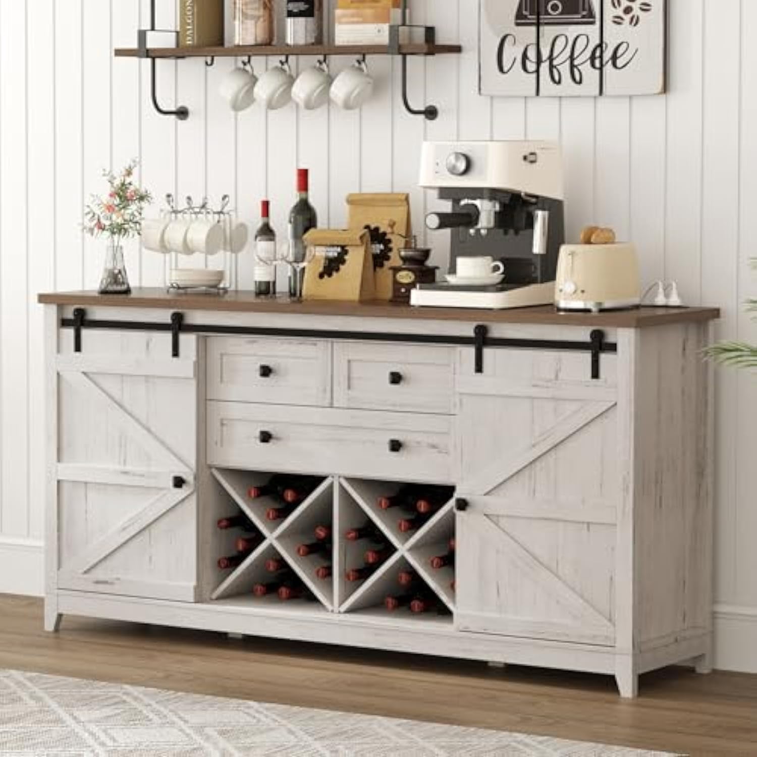 Leaglojoy Farmhouse Sideboard with Sliding Bar Door and 2 Power Outlets ...