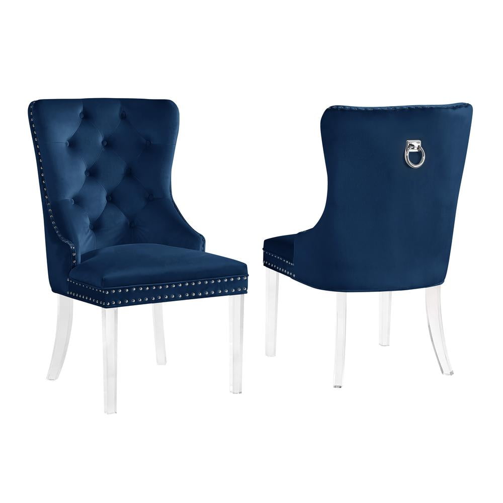 Leah Luxurious Velvet Tufted Dining Chairs with Acrylic Legs, Blue (Set ...
