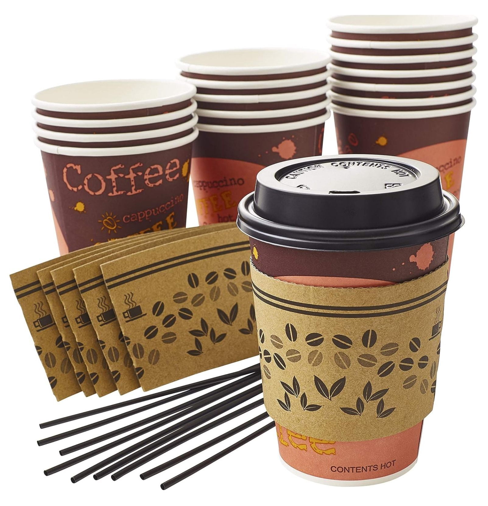 Leak-free Decorative 12Oz Disposable Coffee Cup 50Pk Set With Sleeves ...