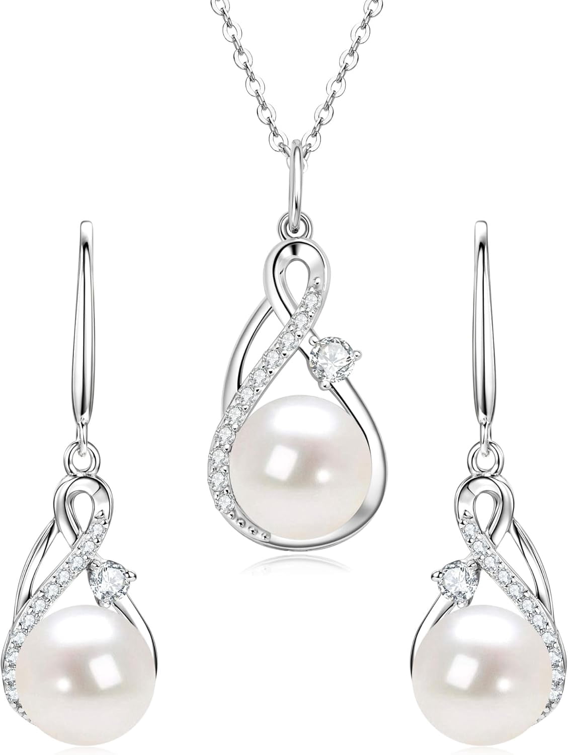 Leander Sterling Silver Pearl Jewelry Set with Shiny Moissanite, Real ...