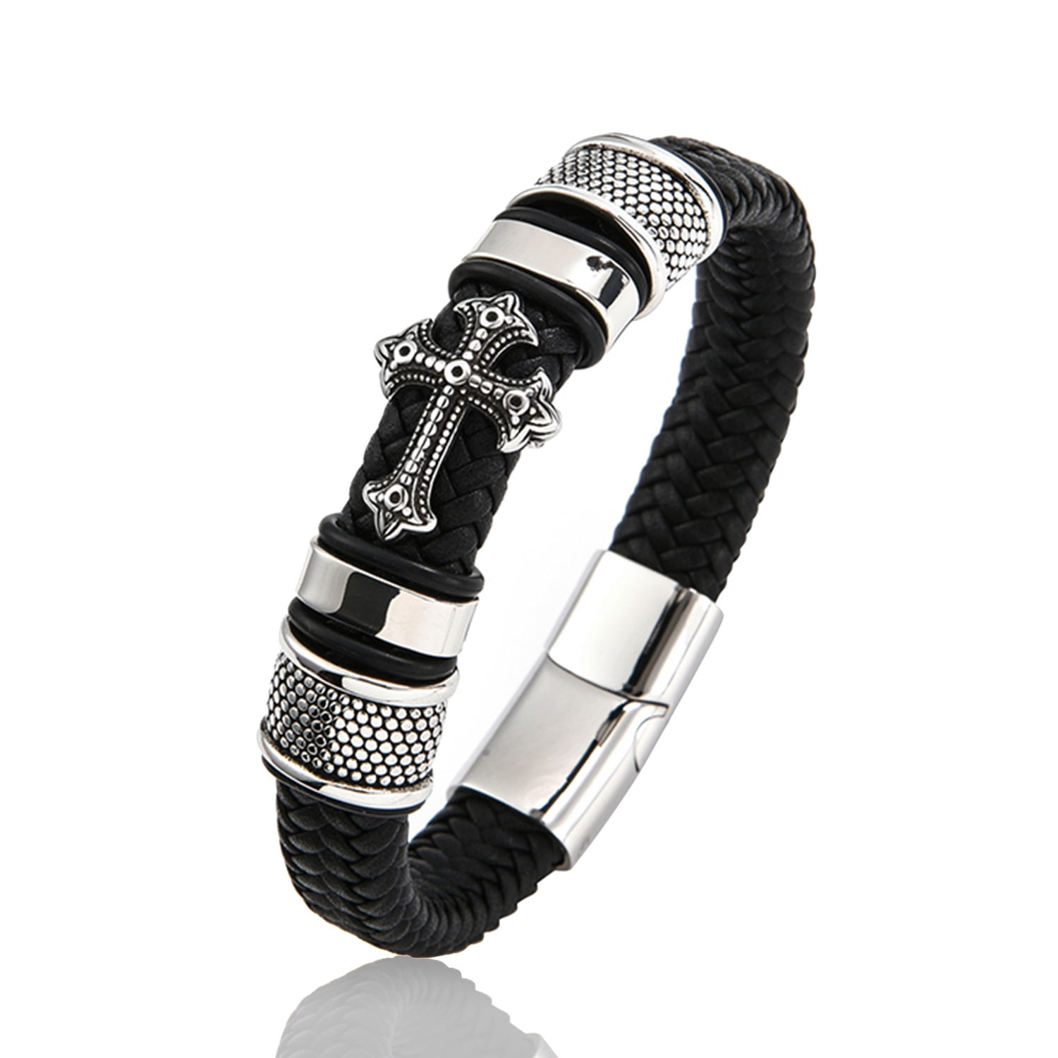 Leander Titanium Cross Leather Braided Bracelet for Men and Women with ...
