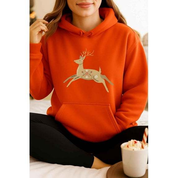 Leaping Folk Art Reindeer Christmas Holiday Traditional Unisex Hoodie ...