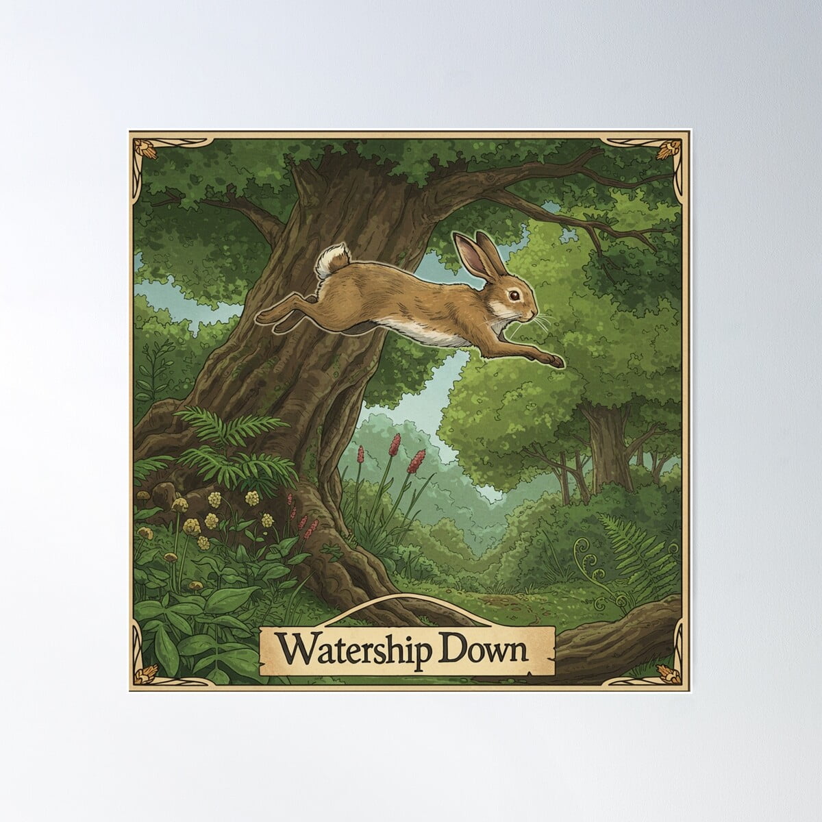 Leaping Hare Through Woodland Scene Poster Wall Art, Modern Wall Decor ...