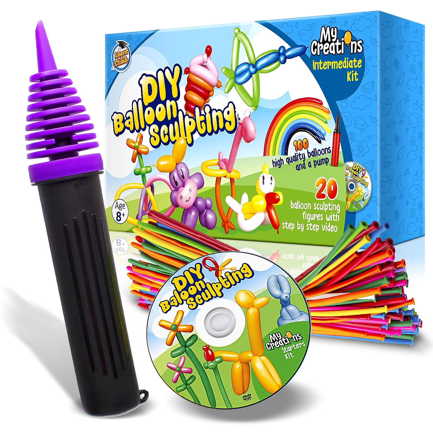 Premium Balloon Animal Kit with 100 Balloons, Double Action Pump, Step ...