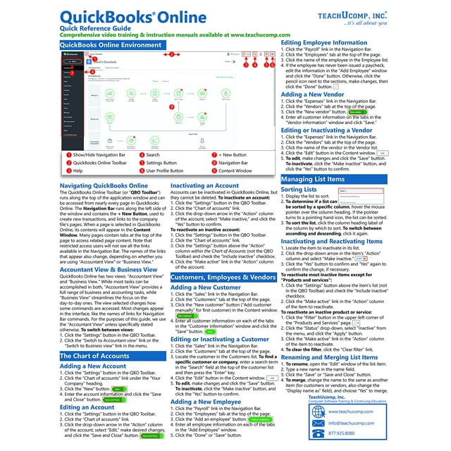 Learn QuickBooks Online Quick Reference Training Card - Laminated Tutorial Guide Cheat Sheet of ...