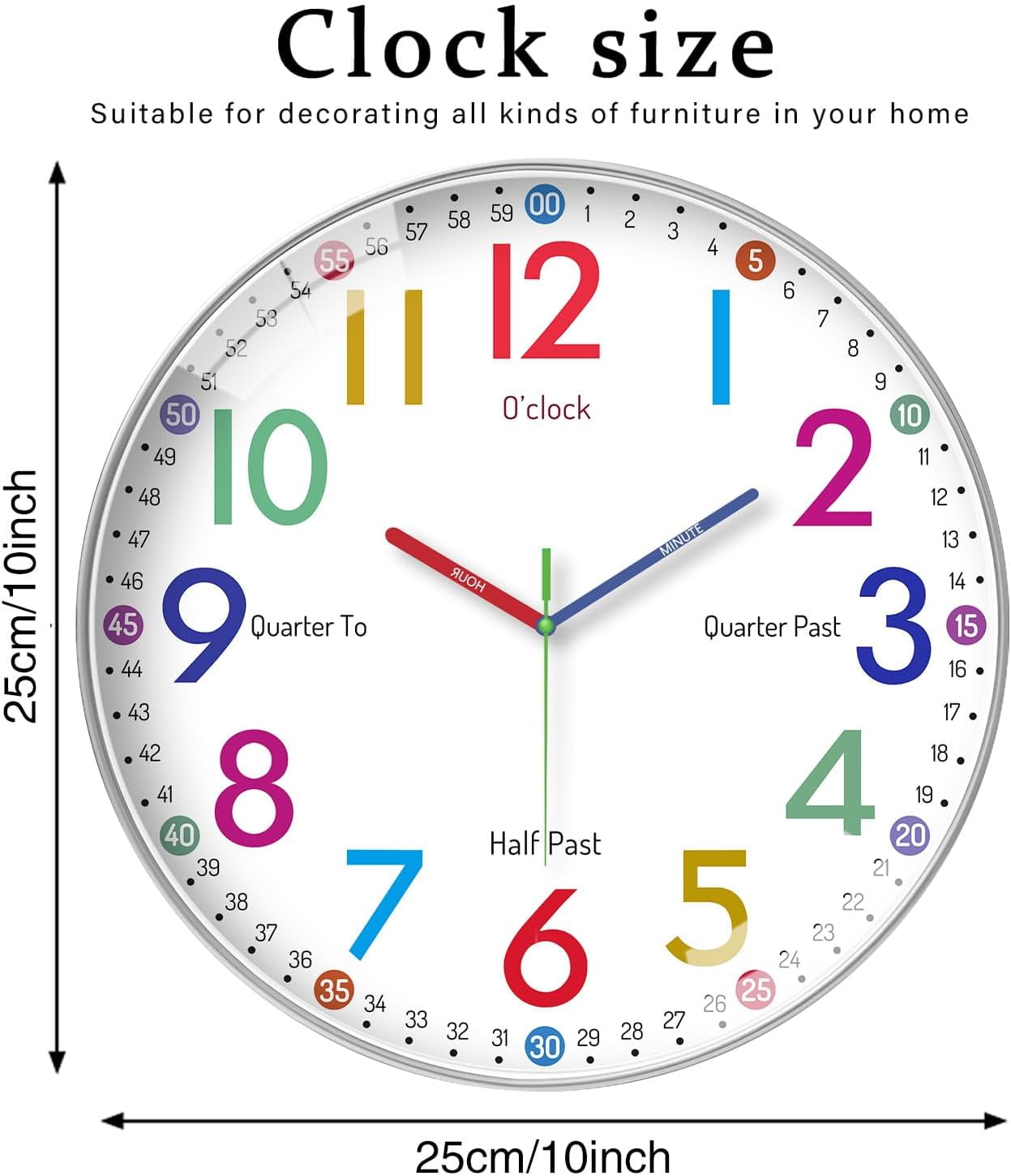 Learning Clock for Kids, Telling Time Teaching Clock, Silent Analog ...