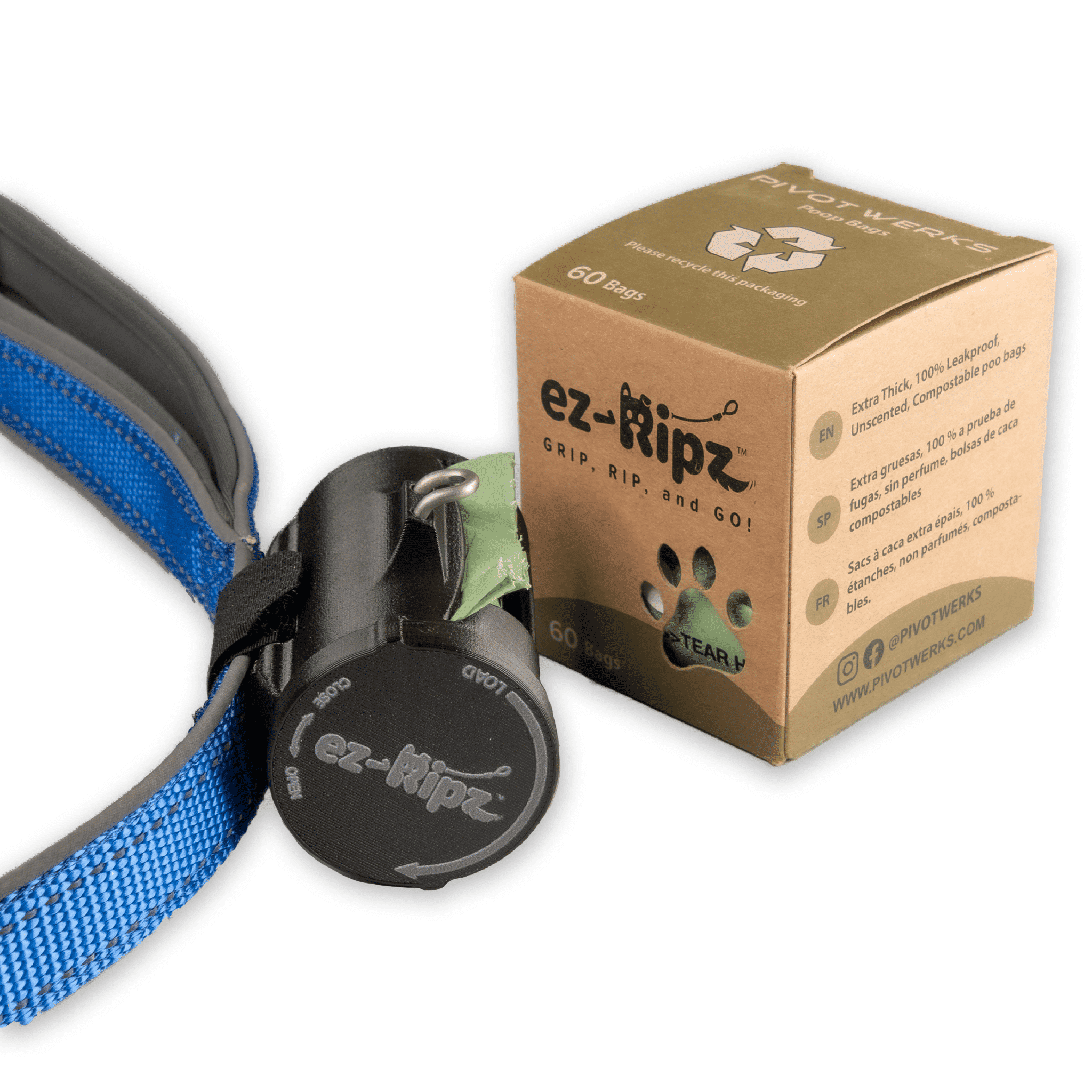 Leash Mount Poop Bag Dispenser (Cinch Strap Style with 4 Rolls of Bags ...