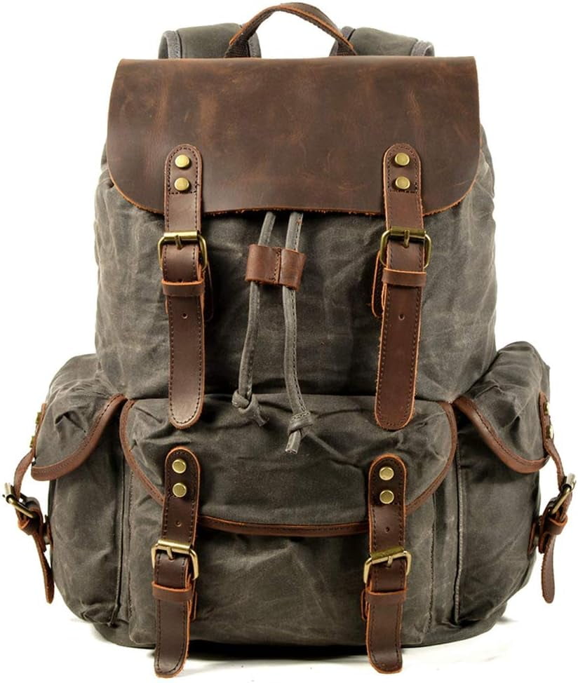 Leather Backpack for Men, Waxed Canvas Shoulder Rucksack Carry-On ...
