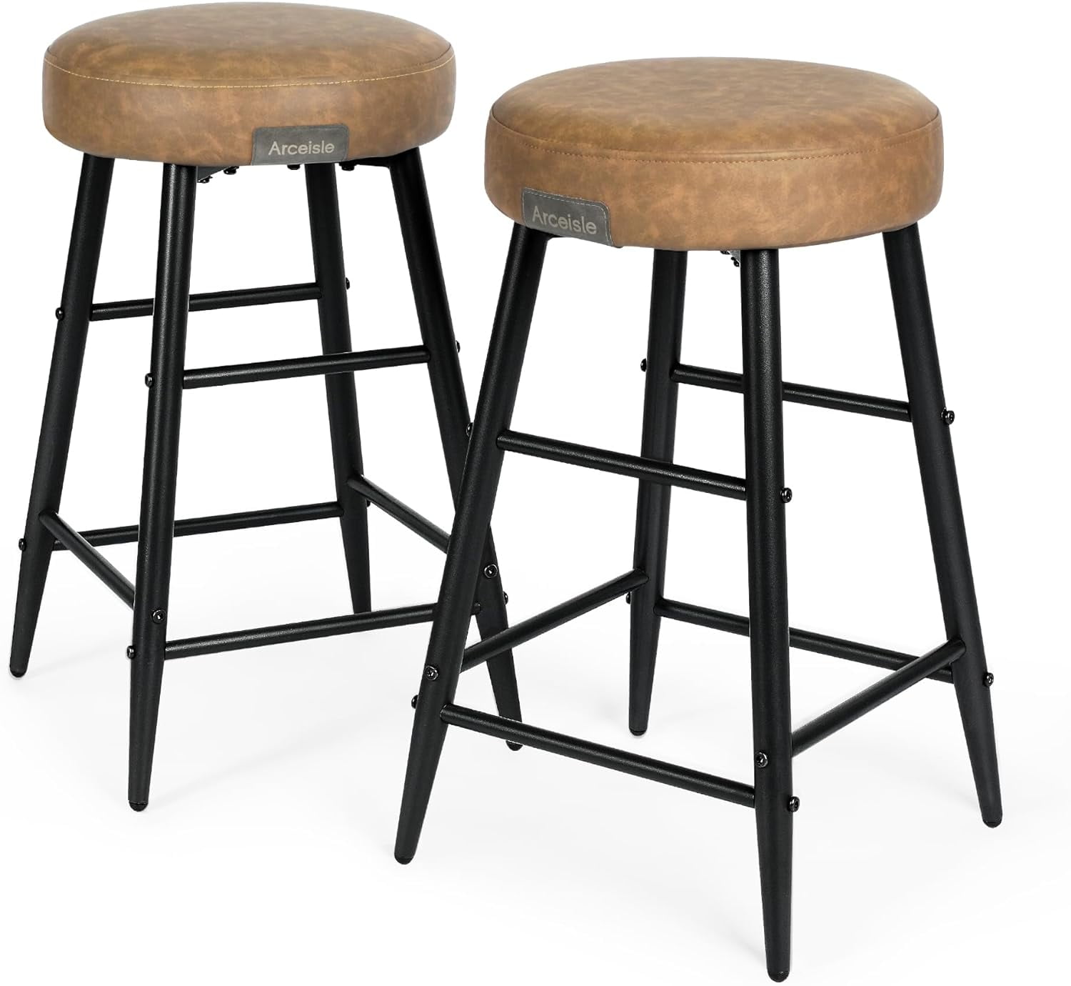 Leather Bar Stools Set of 2, Kitchen Round Bar Chairs with Footrest ...