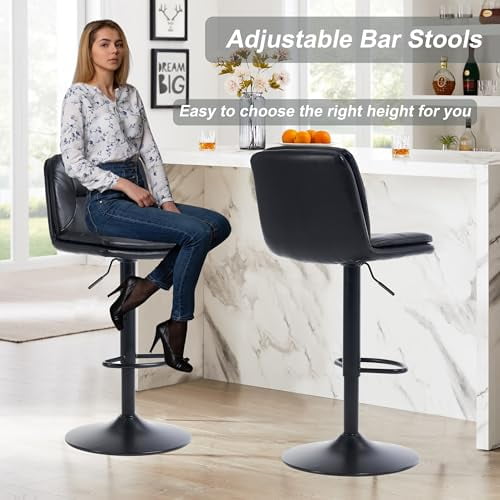 Leather Bar Stools Set of 2, Double-Layer Upholstered Small Bar Stools ...