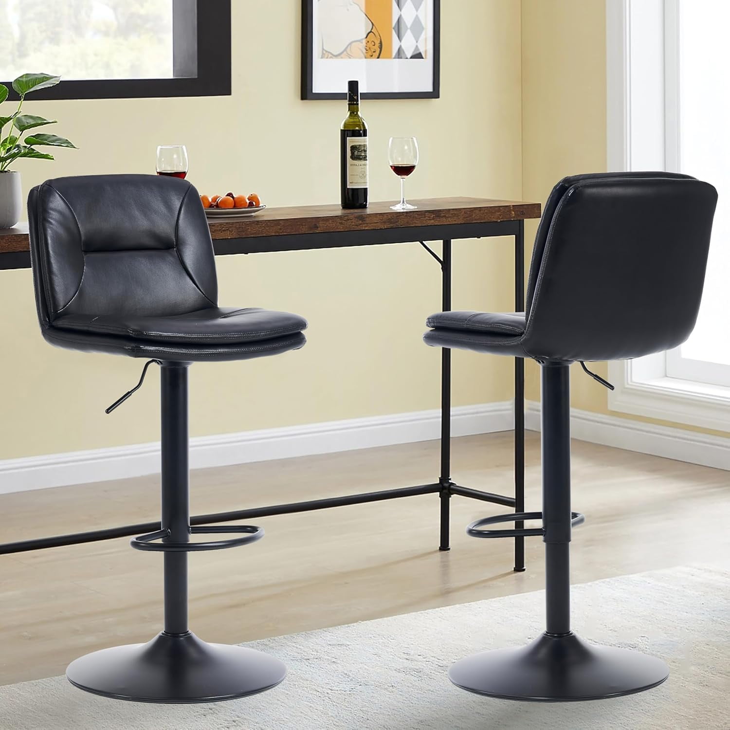 Leather Bar Stools Set of 2, Double-Layer Upholstered Small Bar Stools ...