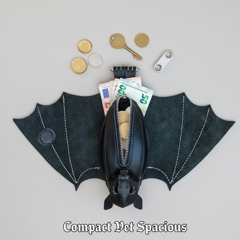Leather Bat Coin Purse 2025, Hand-sewn Hanging Bat Zippered Coin Holder ...