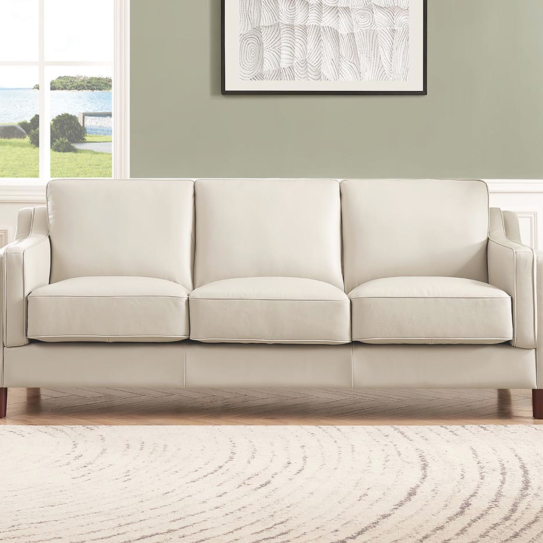 Leather In Beige - 3 Seats, Leather, Cushion Back, Square Arm Design, Solid Wood Frame, Medium ...