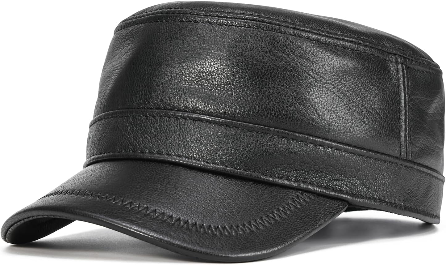 Leather Cadet Army Cap Adjustable Flat Top Military Style Hat for Men ...