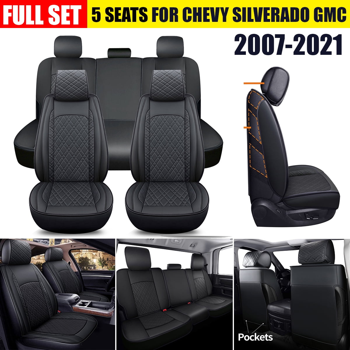 Leather Car Seat Cover Full Set 5 Seats for Chevrolet Chevy Silverado ...