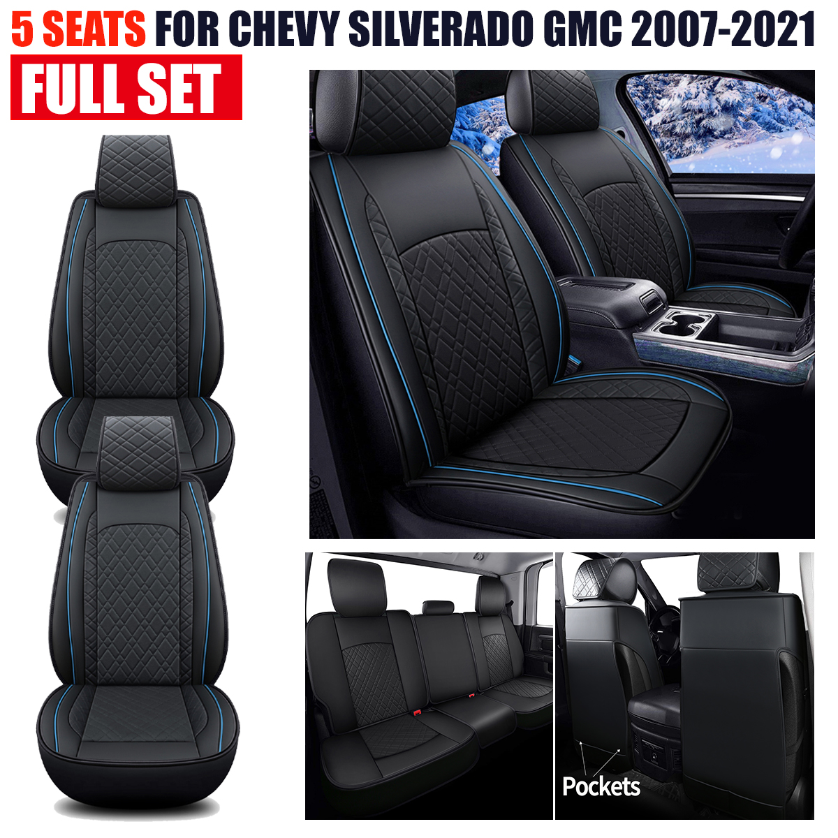 Leather Car Seat Cover Full Set 5 Seats for Chevrolet Chevy Silverado ...