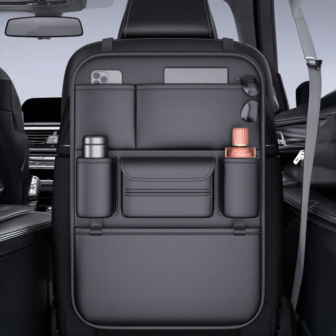 Leather Car Seat Organizer - Luxury Backseat Storage Bag With Multiple ...