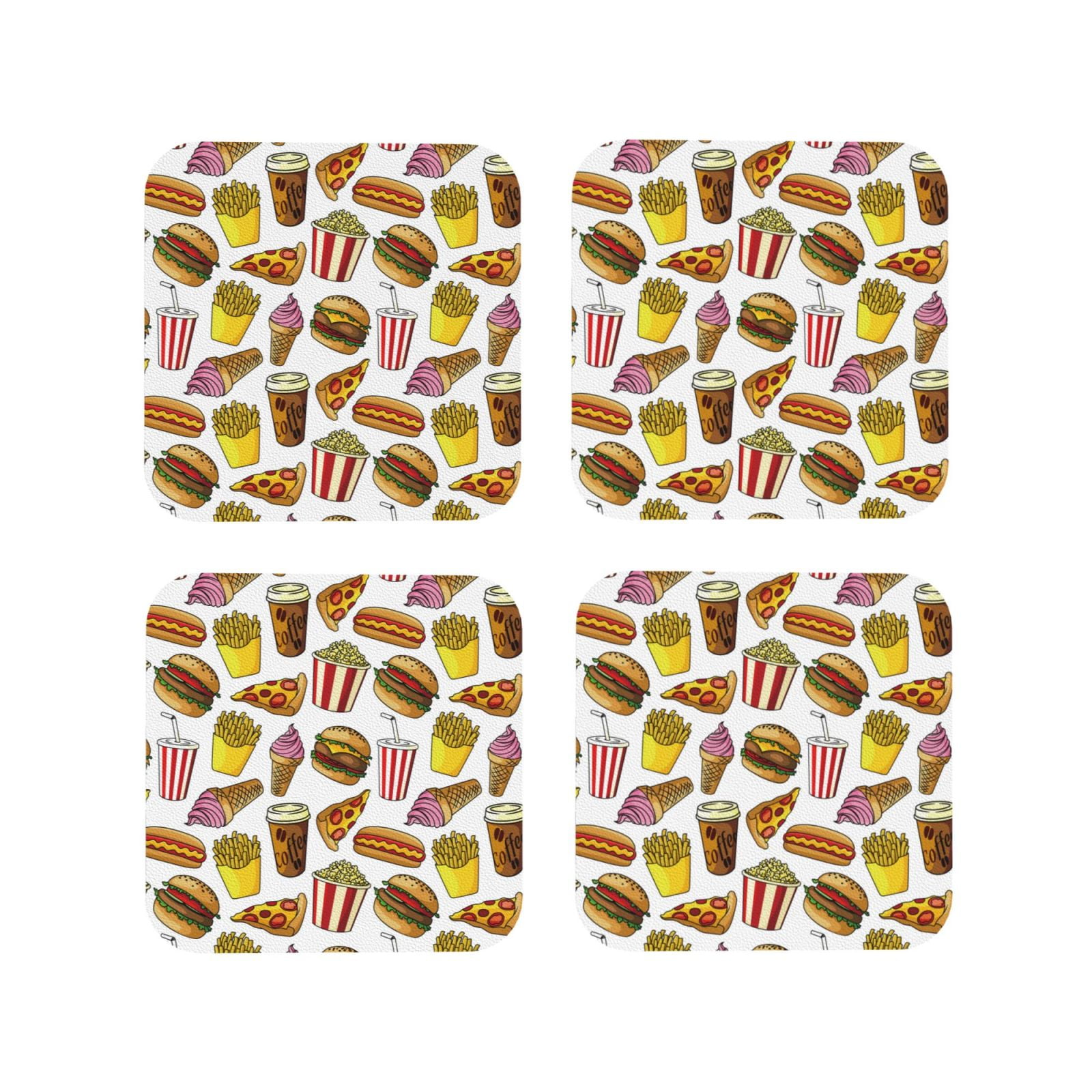 Leather Coasters with Heat-resistant for Drinks, Cute Food Fries Pizza ...