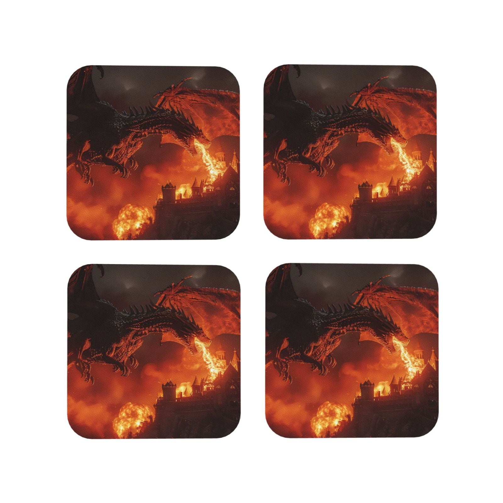 Leather Coasters with Heat-resistant for Drinks, Fiery Dragons Castle ...