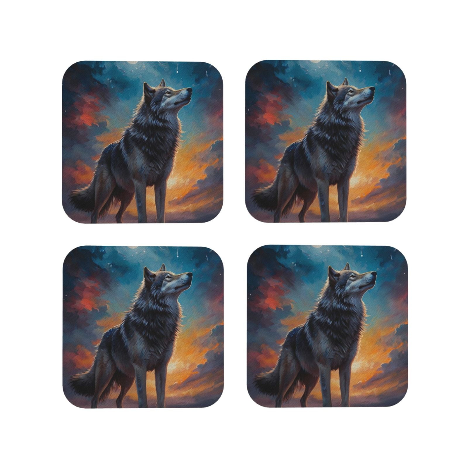 Leather Coasters with Heat-resistant for Drinks, Moonlit Night Sky Wolf ...