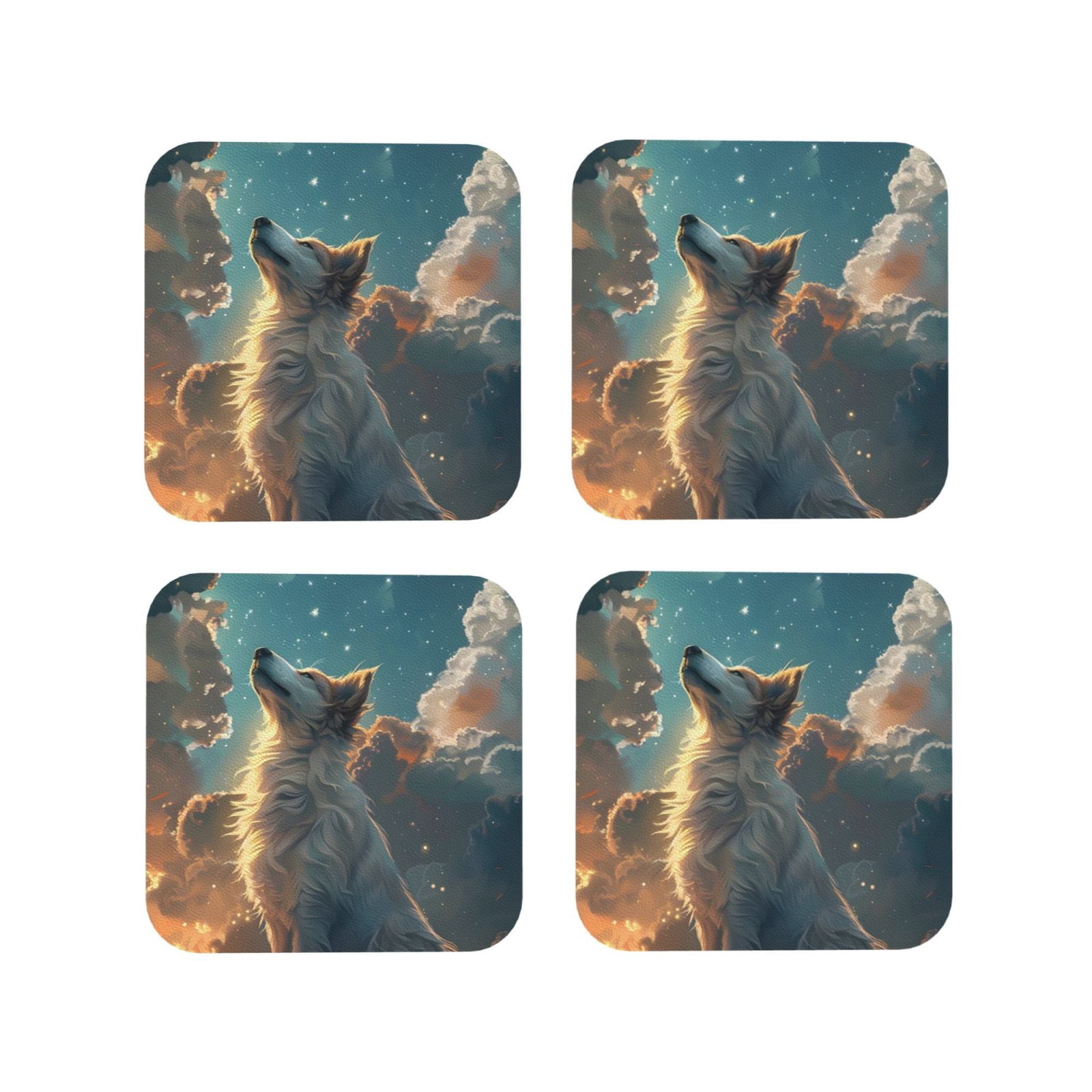 Leather Coasters with Heat-resistant for Drinks, Starry Sky Cloud Wolf ...