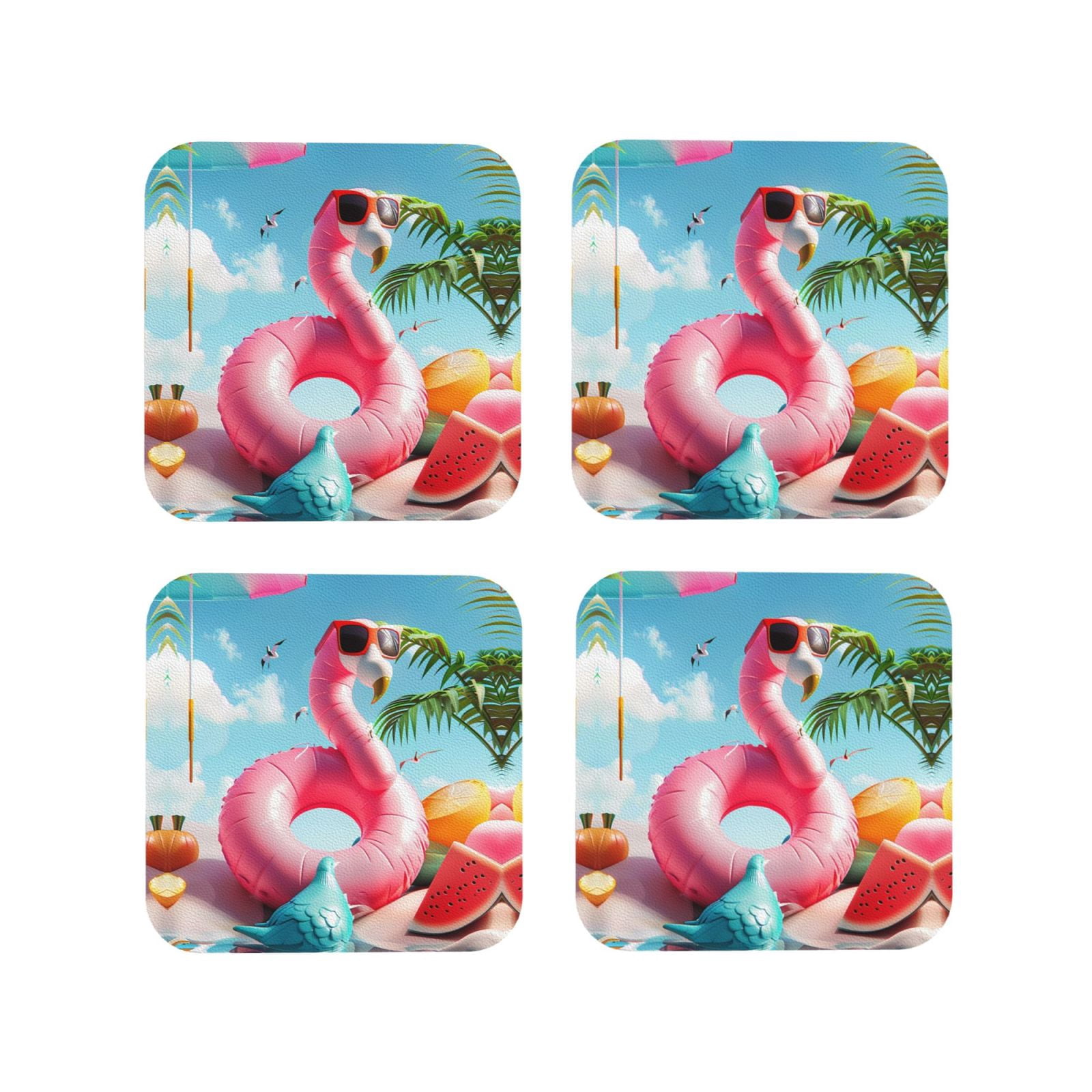Leather Coasters with Heat-resistant for Drinks, Tropical Flamingo Pool ...