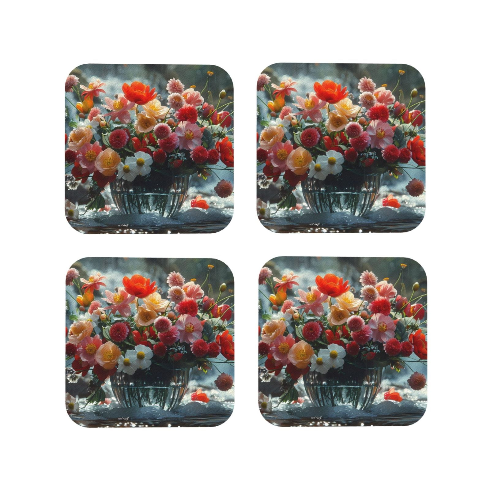 Leather Coasters with Heat-resistant for Drinks, Vibrant Bouquet ...