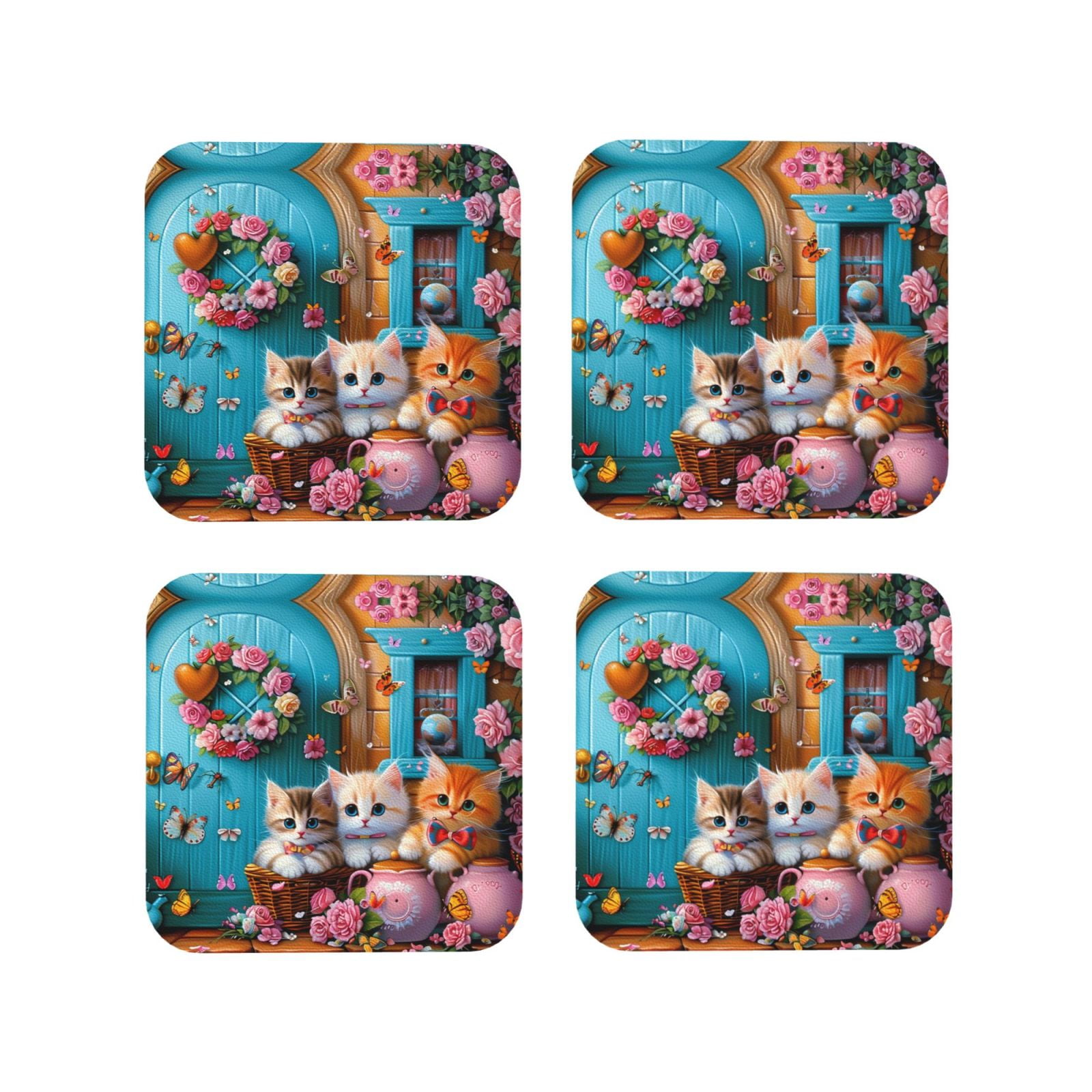 Leather Coasters with Heat-resistant for Drinks, Whimsical Cats and ...