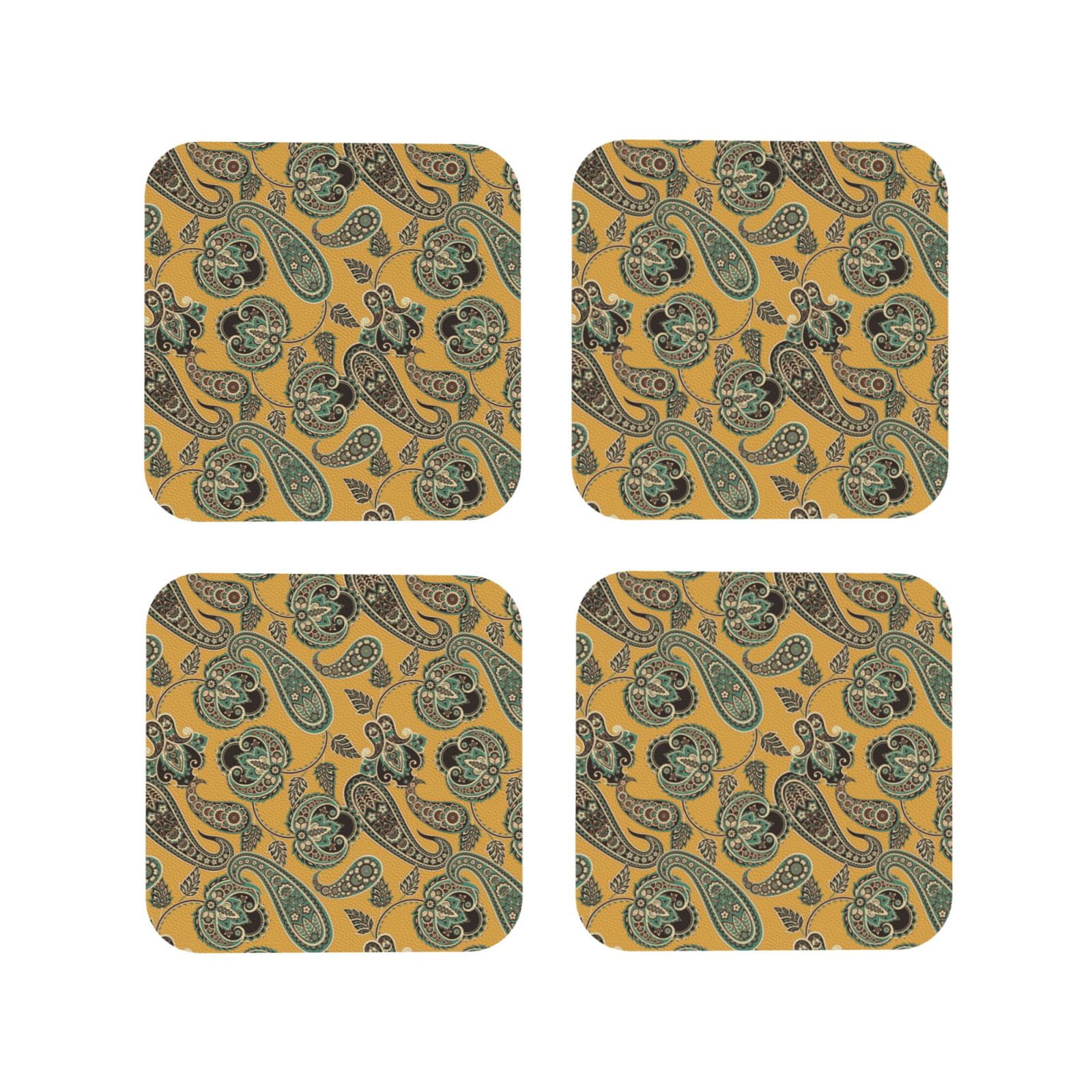 Leather Coasters with Heat-resistant for Drinks, Yellow Green Paisley ...