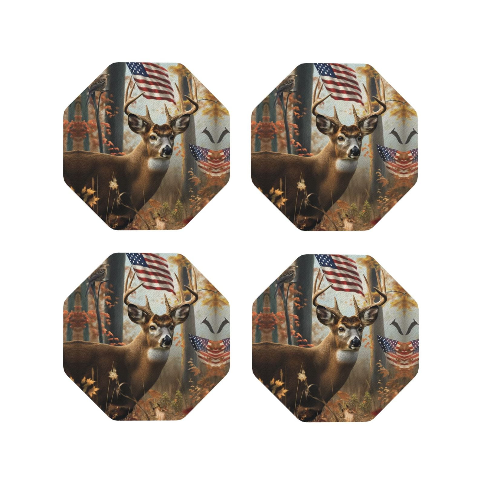 Leather Coasters Set of 4 - American Wildlife Deer Forest Lightweight ...