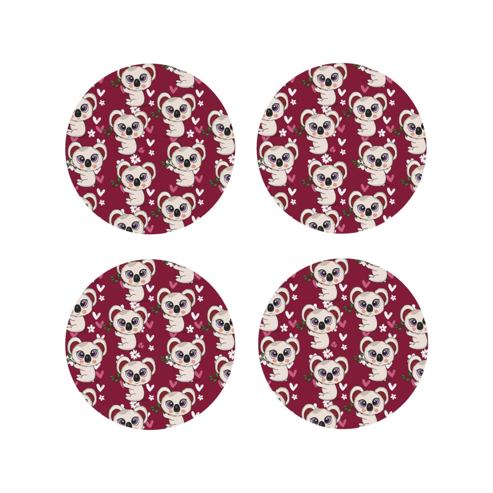 Leather Coasters Set of 4 - Big Eyes Koala Burgundy Lightweight Non ...