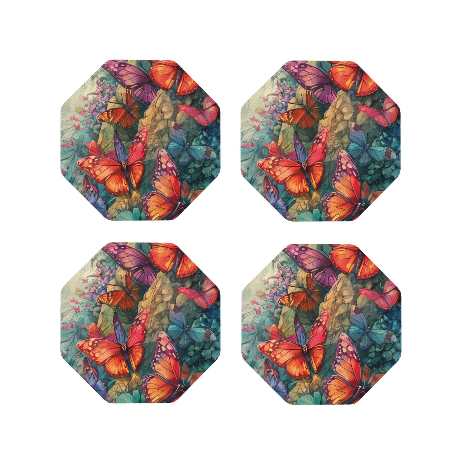 Leather Coasters Set of 4 - Butterflies On Rocky Cliff Lightweight Non ...