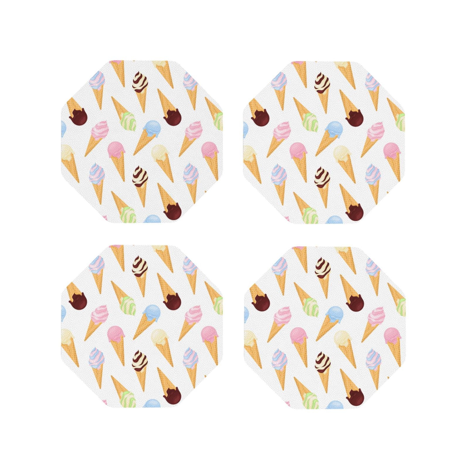 Leather Coasters Set of 4 - Cartoon Colourful Ice Cream Lightweight Non ...