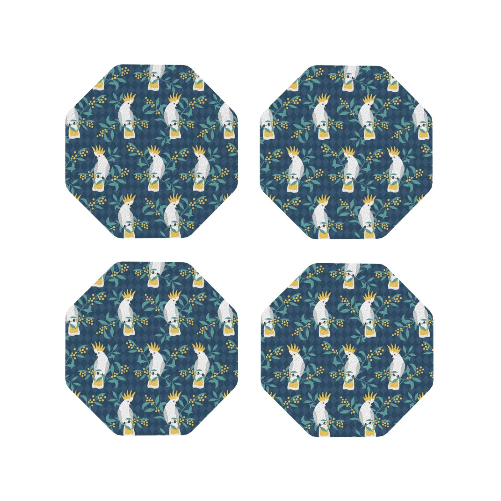 Leather Coasters Set of 4 - Cartoon Cute Cockatoo Plant Lightweight Non ...