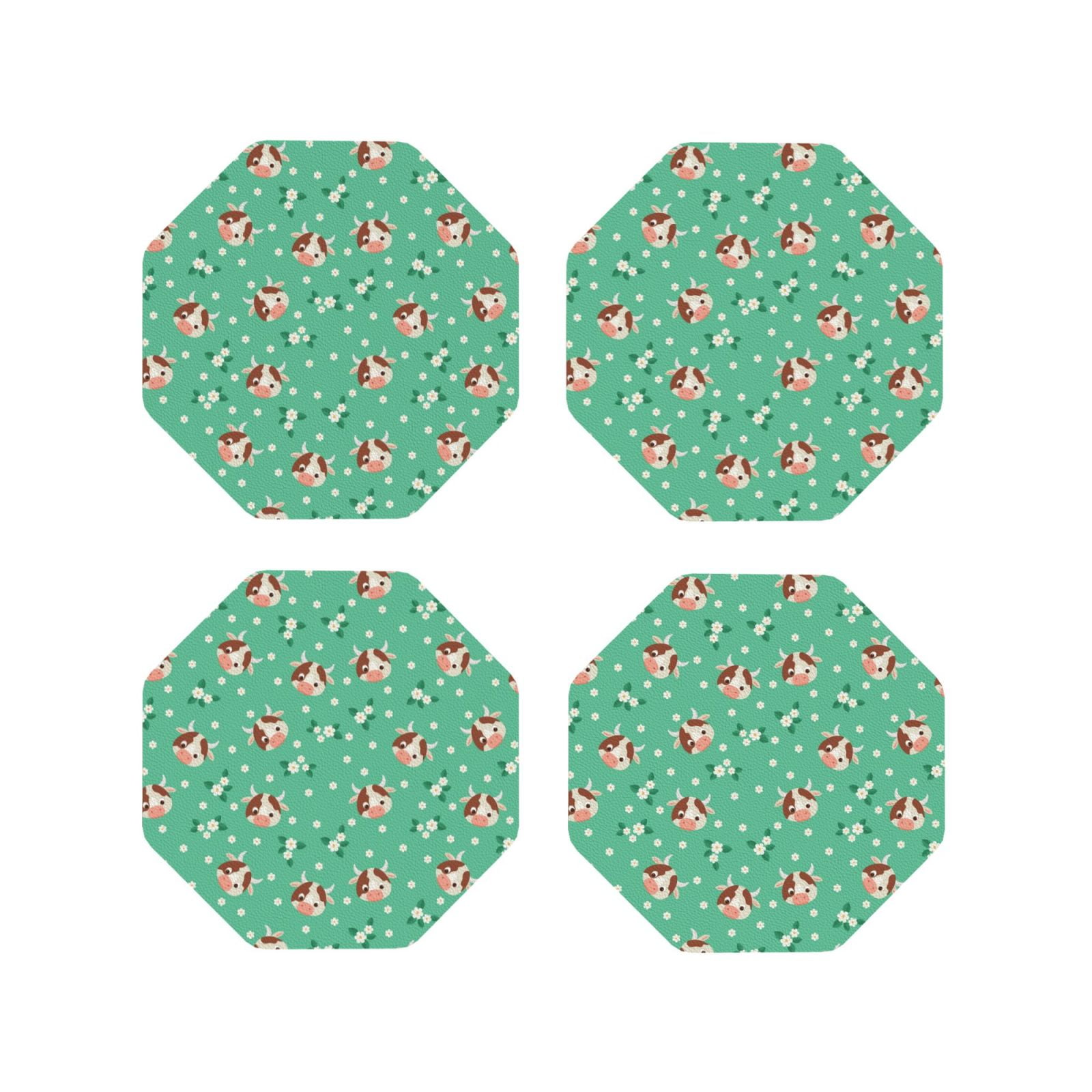 Leather Coasters Set of 4 - Cartoon Cute Cow Head Flower Lightweight ...
