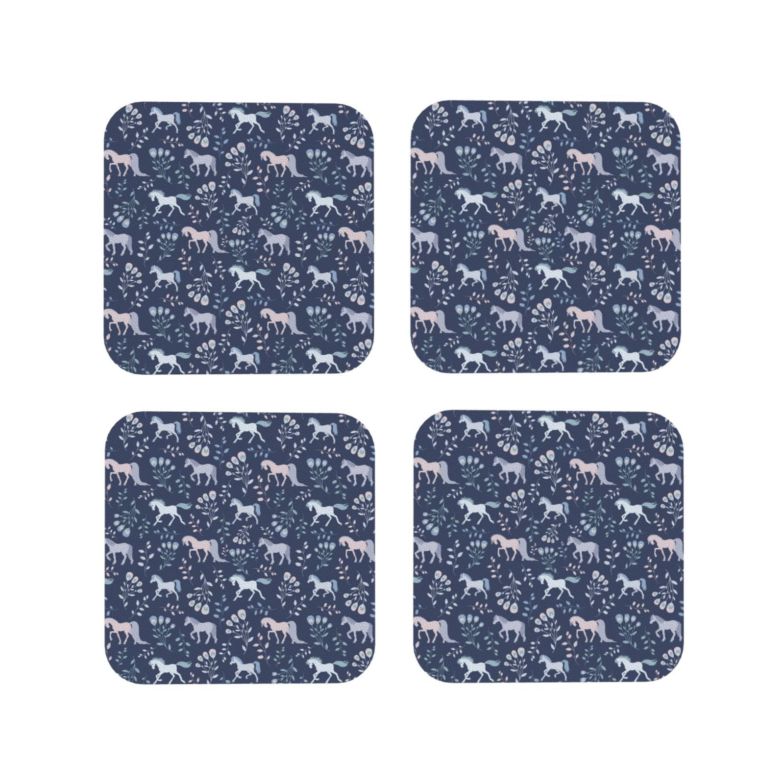 Leather Coasters Set of 4 - Cartoon Cute Horse Flowers_A Lightweight ...