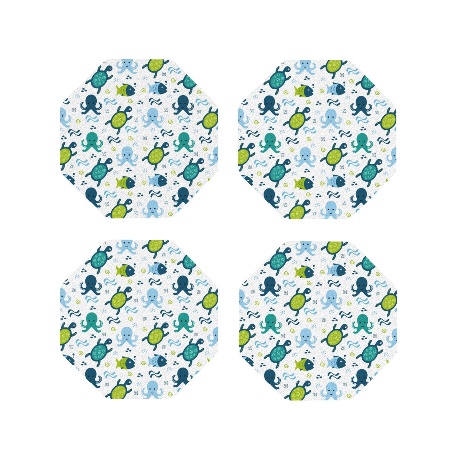 Leather Coasters Set of 4 - Cartoon Sea creatures Lightweight Non-Slip ...
