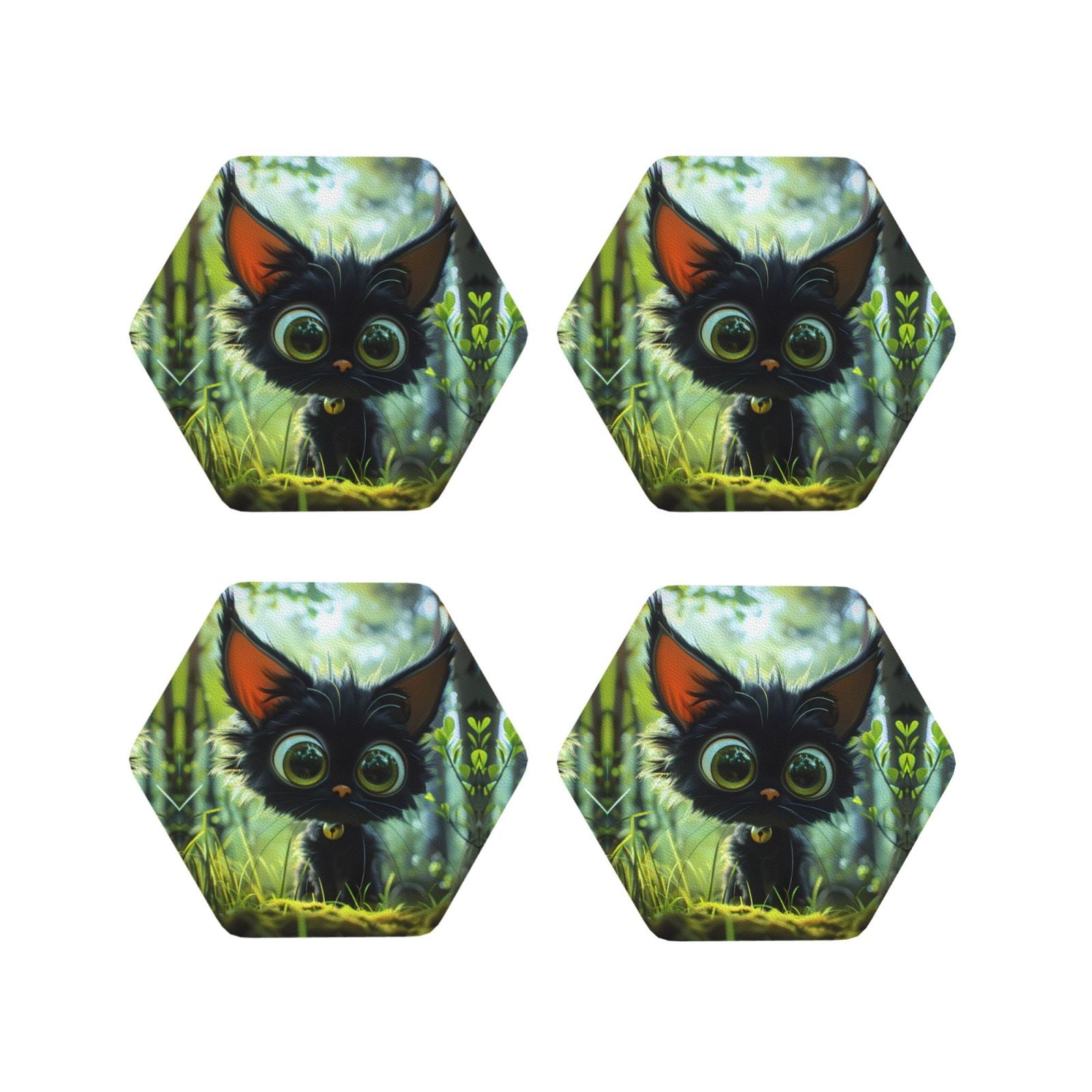 Leather Coasters Set of 4 - Cute Big-Eyed Black Cat Lightweight Non ...