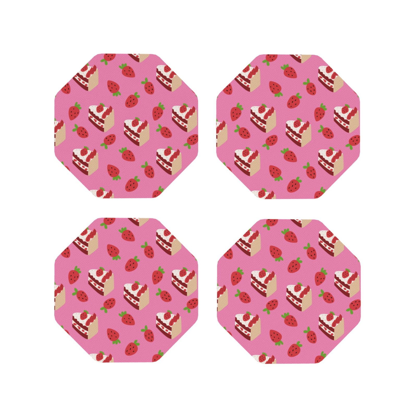 Leather Coasters Set of 4 - Cute Cake Strawberry Lightweight Non-Slip ...