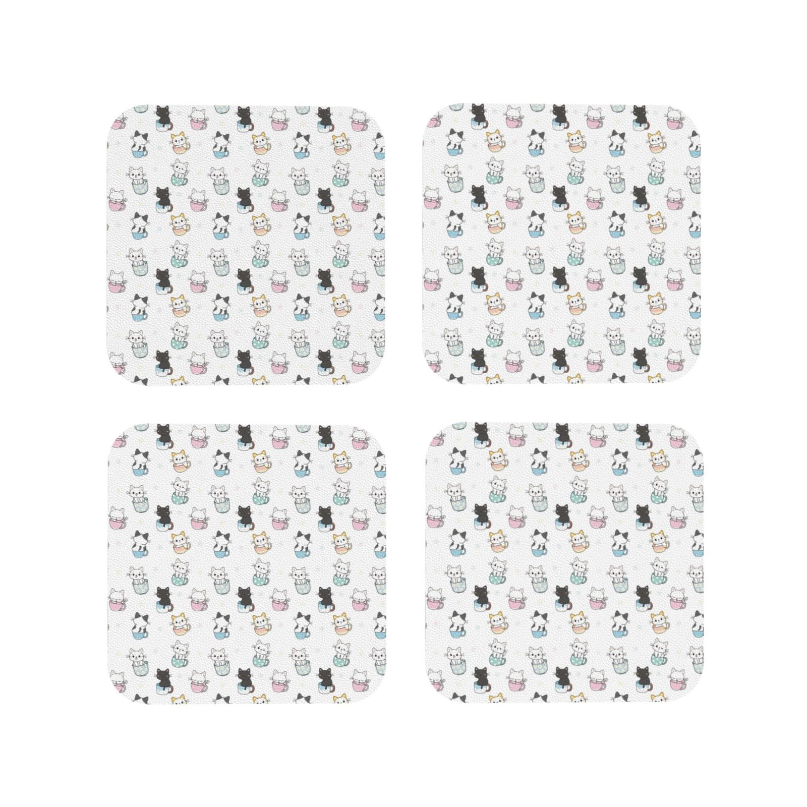Leather Coasters Set of 4 - Cute Cartoon Hand Drawn Cat Lightweight Non ...