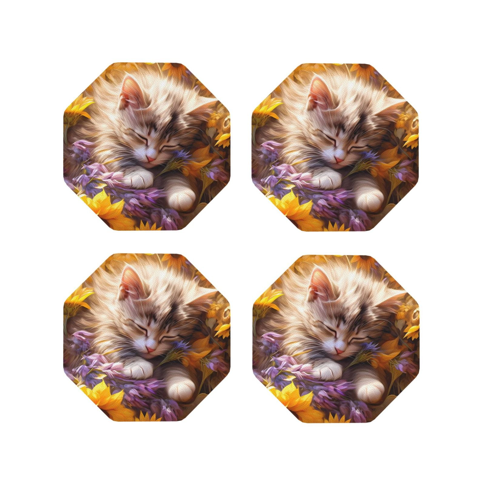Leather Coasters Set of 4 - Cute Cat Sunflower Lightweight Non-Slip ...