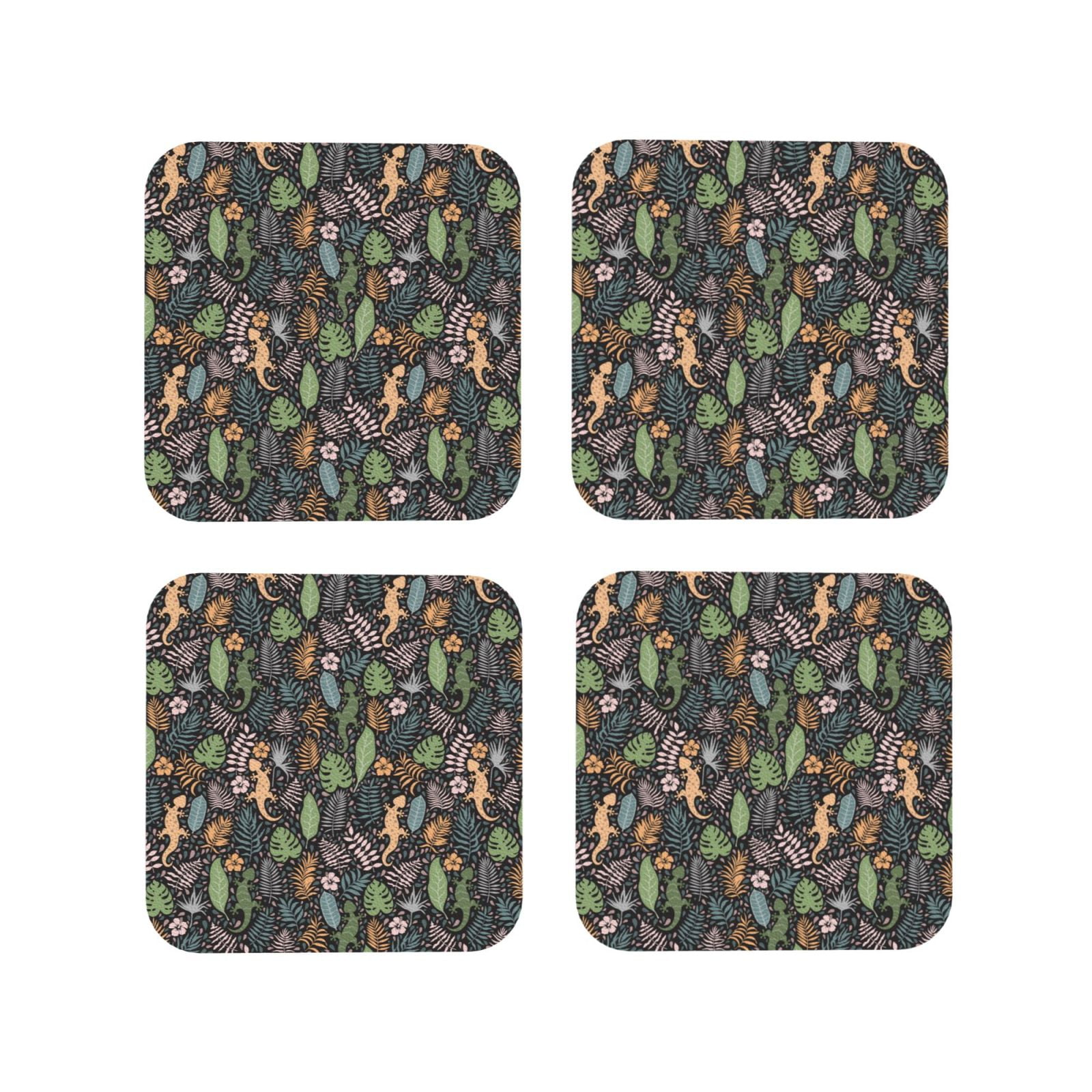 Leather Coasters Set of 4 - Cute Lizard Gecko Tropical Plant ...
