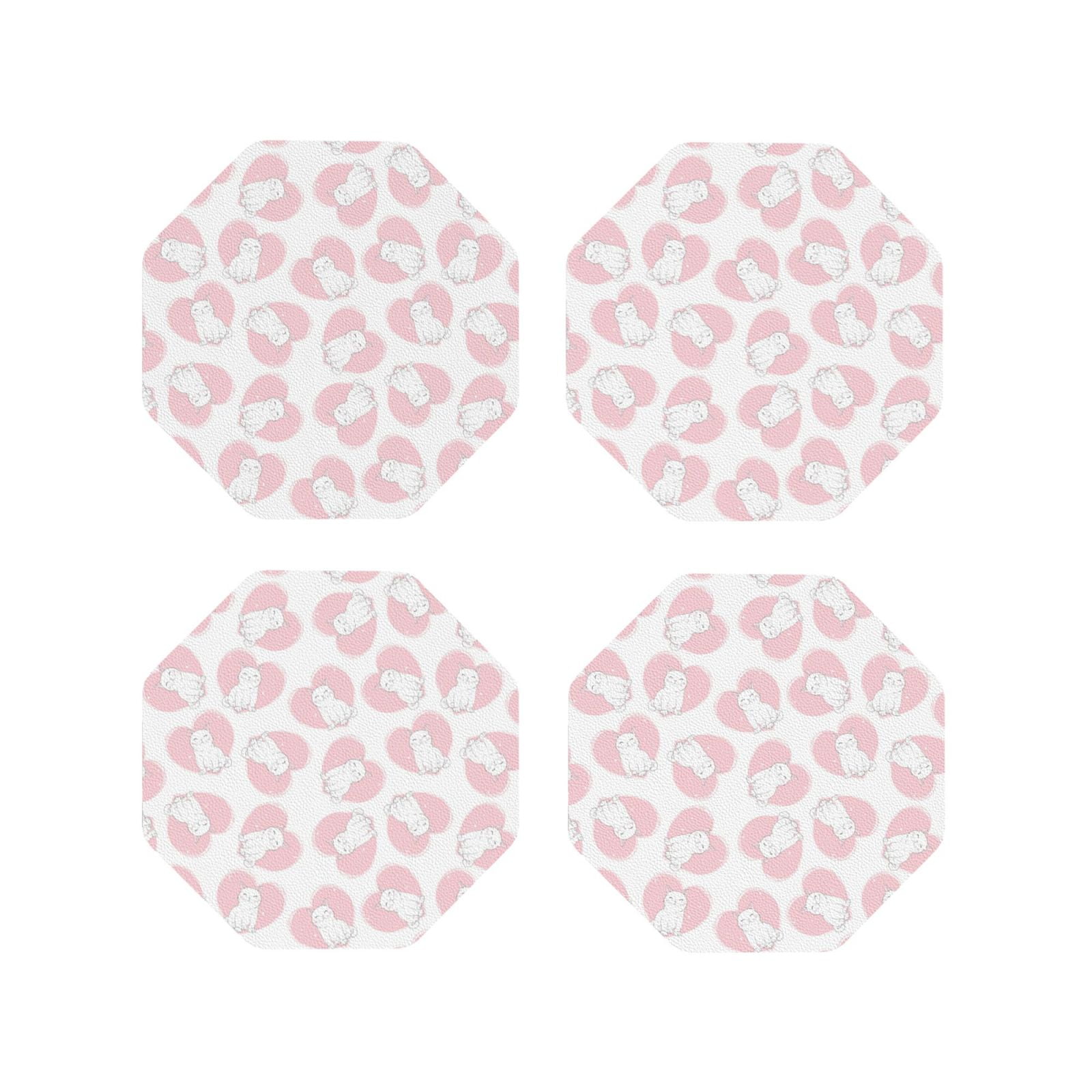 Leather Coasters Set of 4 - Cute Pink Loving Cartoon Cat Lightweight ...