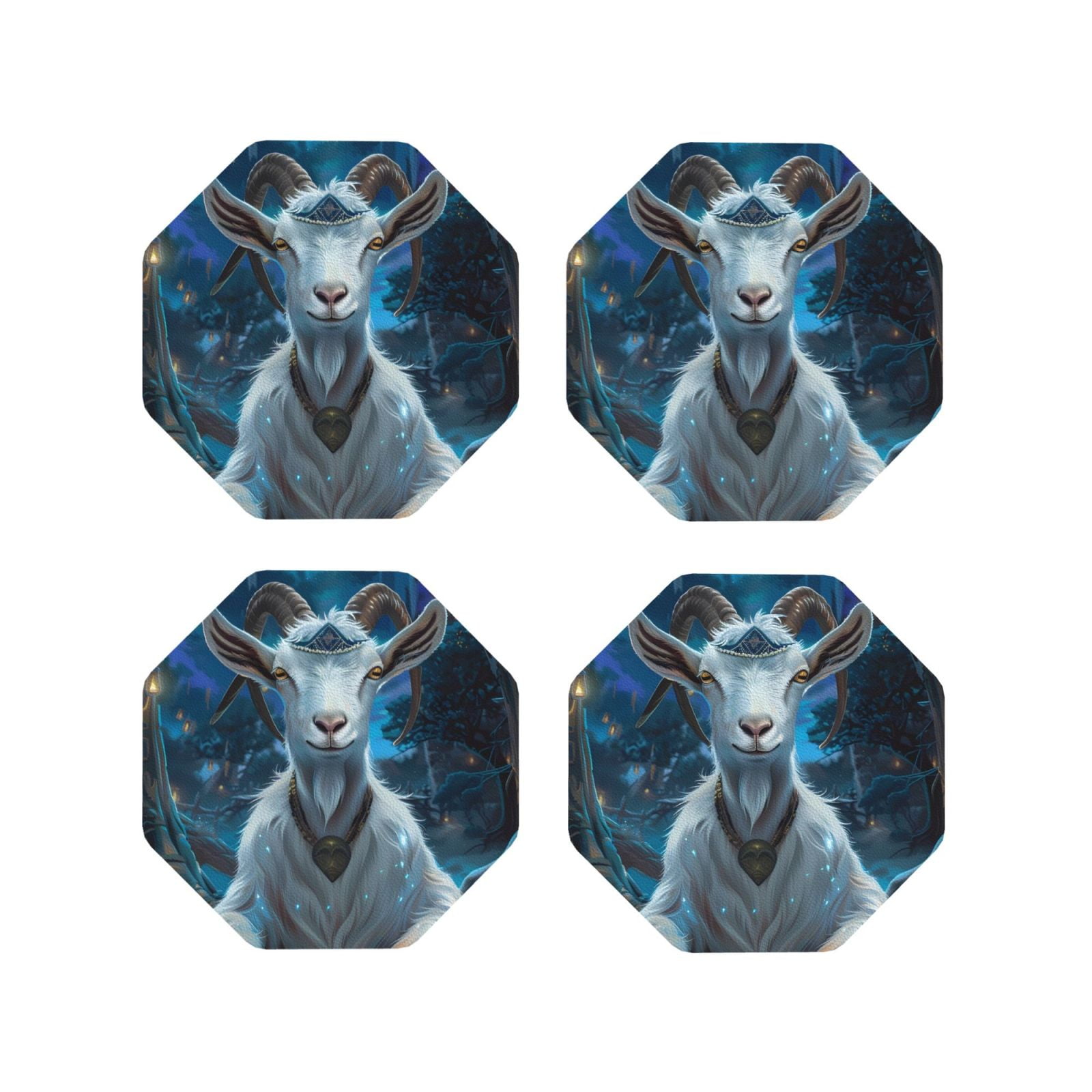 Leather Coasters Set of 4 - Forest Meditating Goat Lightweight Non-Slip ...