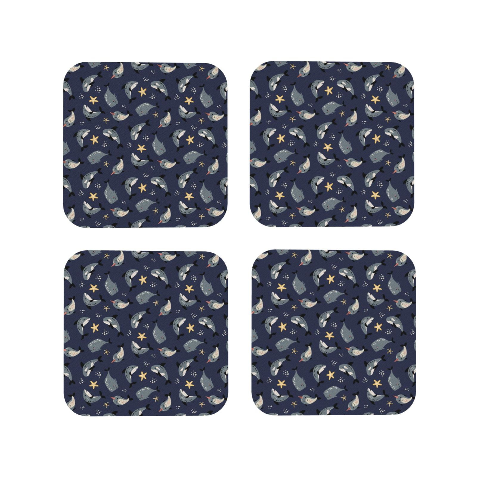 Leather Coasters Set of 4 - Funny Cartoon Cute Shark Whale Lightweight ...