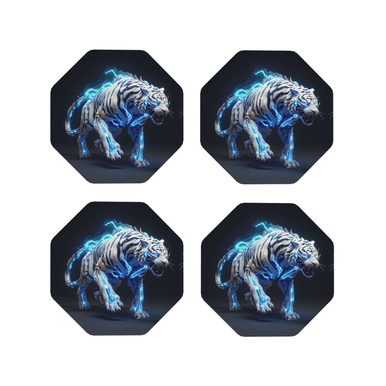 Leather Coasters Set of 4 - Futuristic Blue Light White Tiger ...
