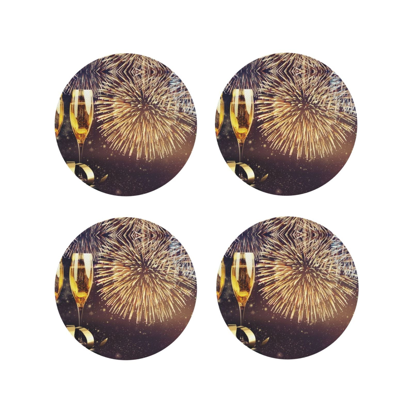 Leather Coasters Set of 4 - Happy New Year Lightweight Non-Slip Drink ...