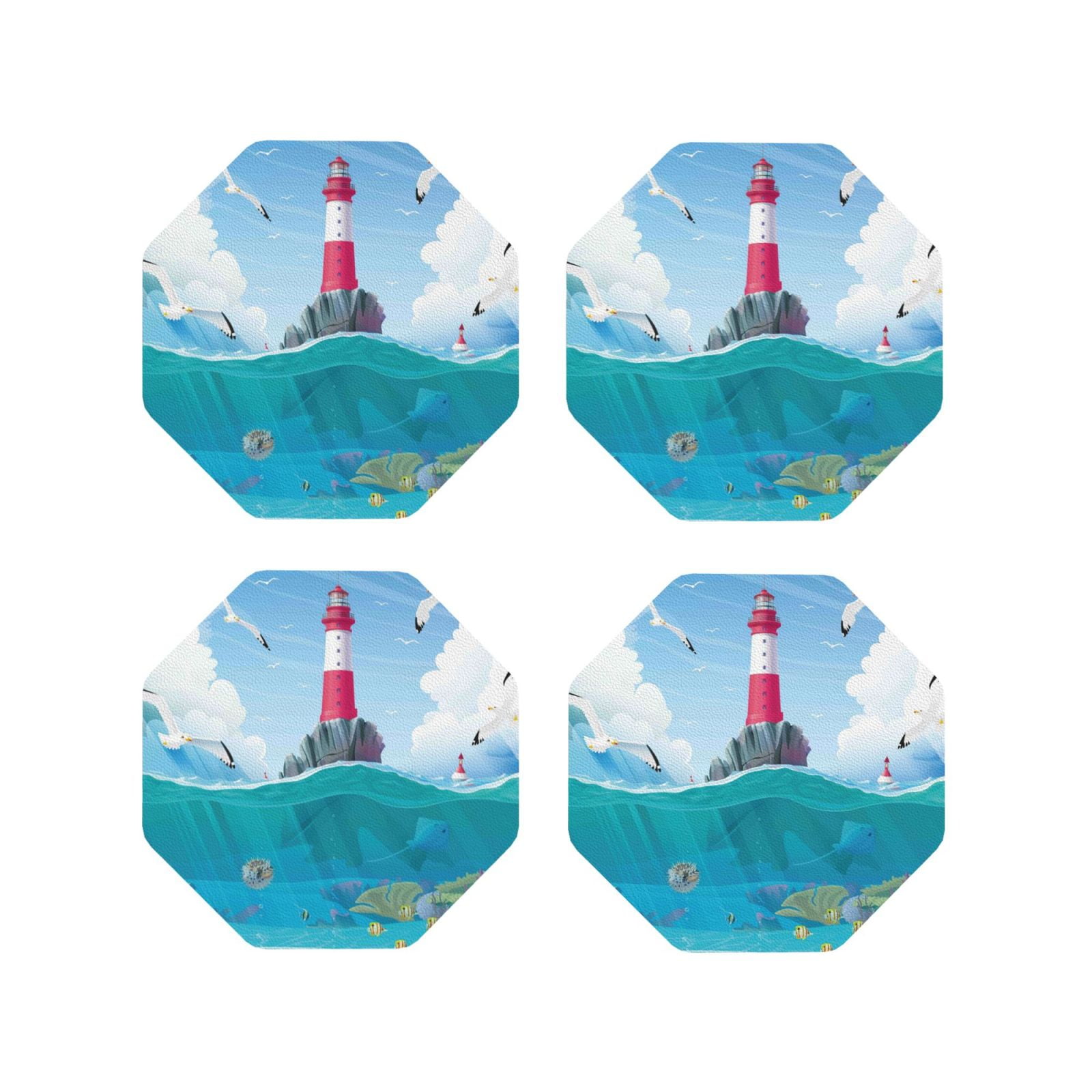 Leather Coasters Set of 4 - Lighthouse Sea Port Lightweight Non-Slip ...
