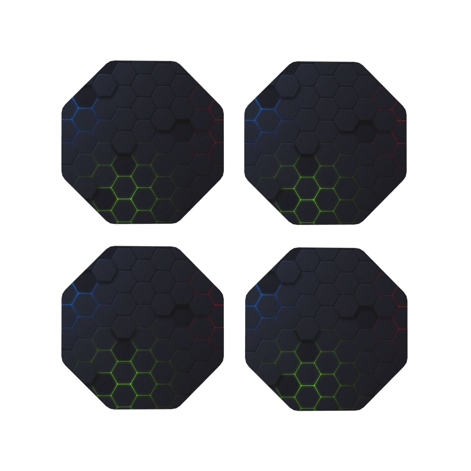 Leather Coasters Set of 4 - Modern Hexagonal Neon Grid Lightweight Non ...