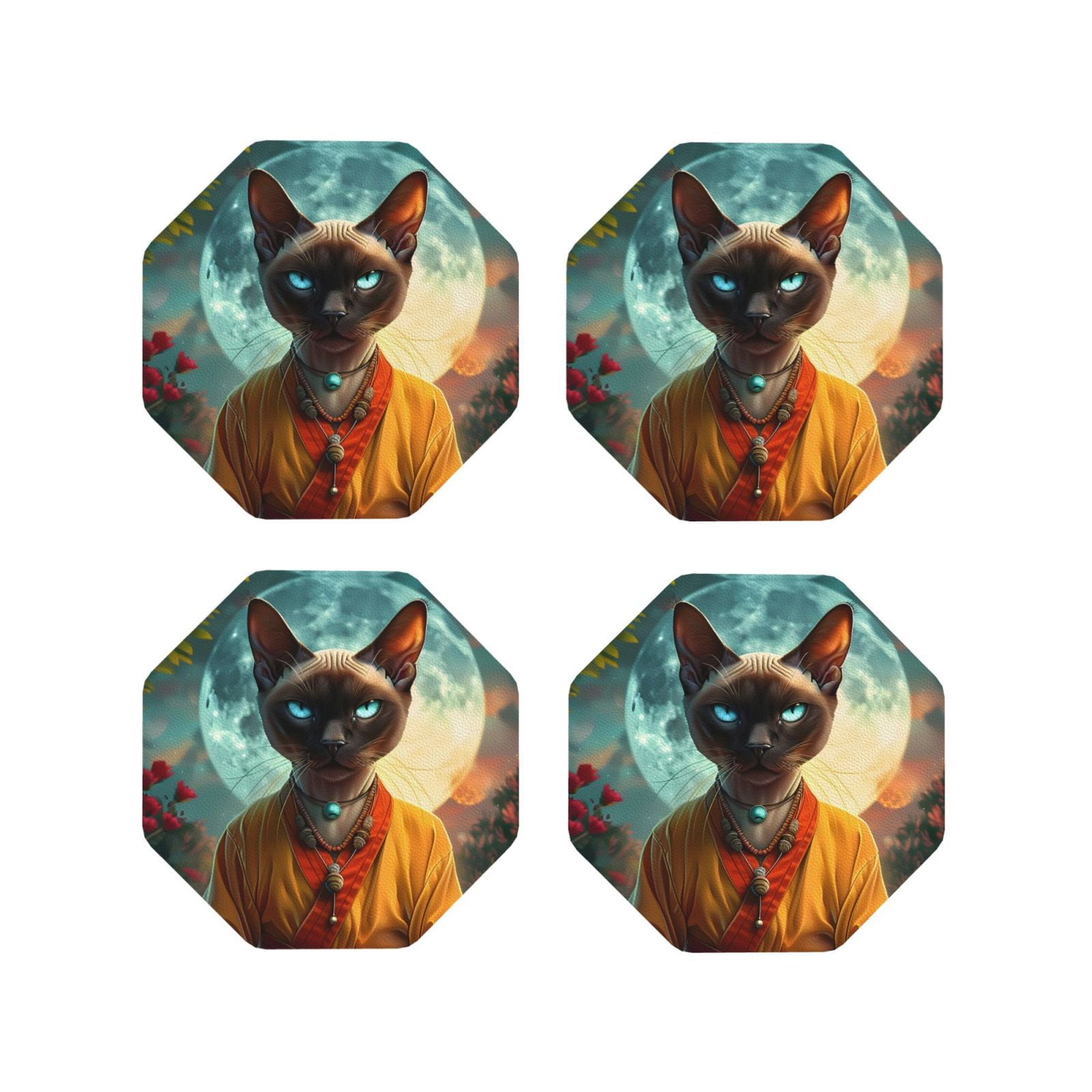 Leather Coasters Set of 4 - Moonlit Hairless Cat Monk Lightweight Non ...